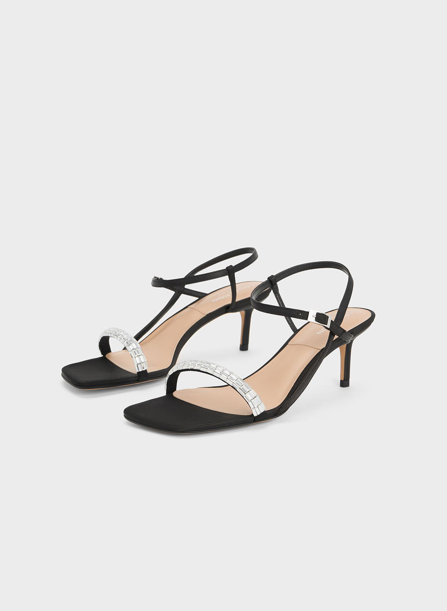 Black Recycled Polyester Gem-Embellished Ankle-Strap Sandals - CHARLES ...