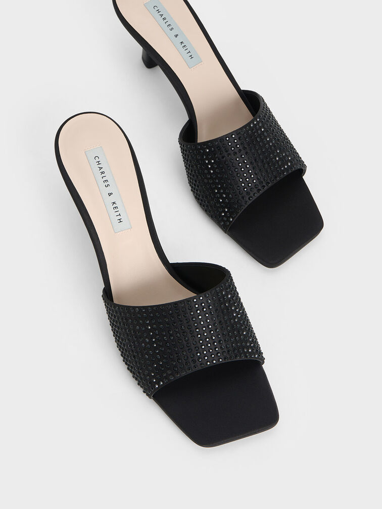 Black Textured Recycled Polyester Crystal Embellished Heeled Mules