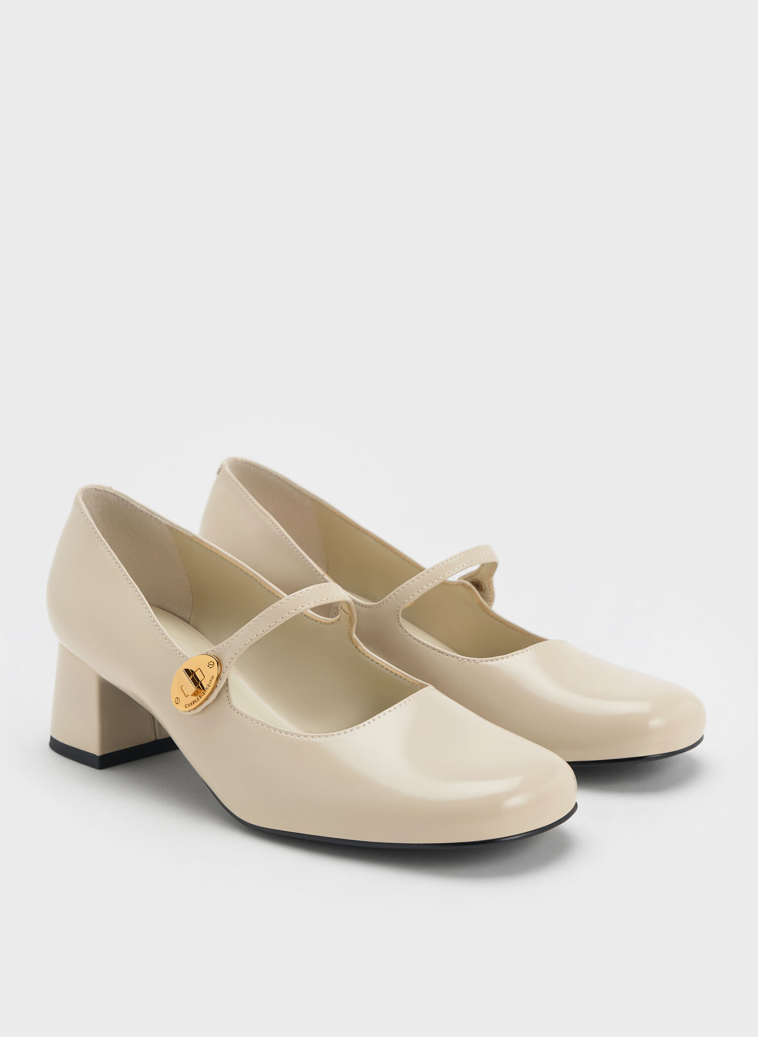 Chalk Patent Metallic Buckle Block Heel Mary Janes Charles And Keith Qa