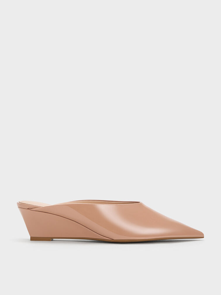 Nude Patent Pointed Toe Wedge Mules Charles And Keith Mx