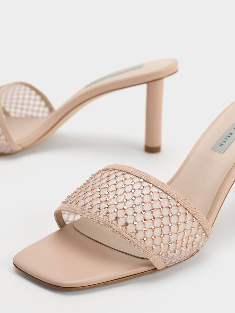 Nude Gem Encrusted Cylindrical Heel Mesh Sandals Charles And Keith Qa