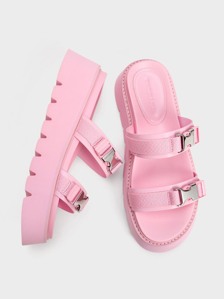 Light Pink Laine Metallic Buckle Flatform Sandals Charles And Keith Lk