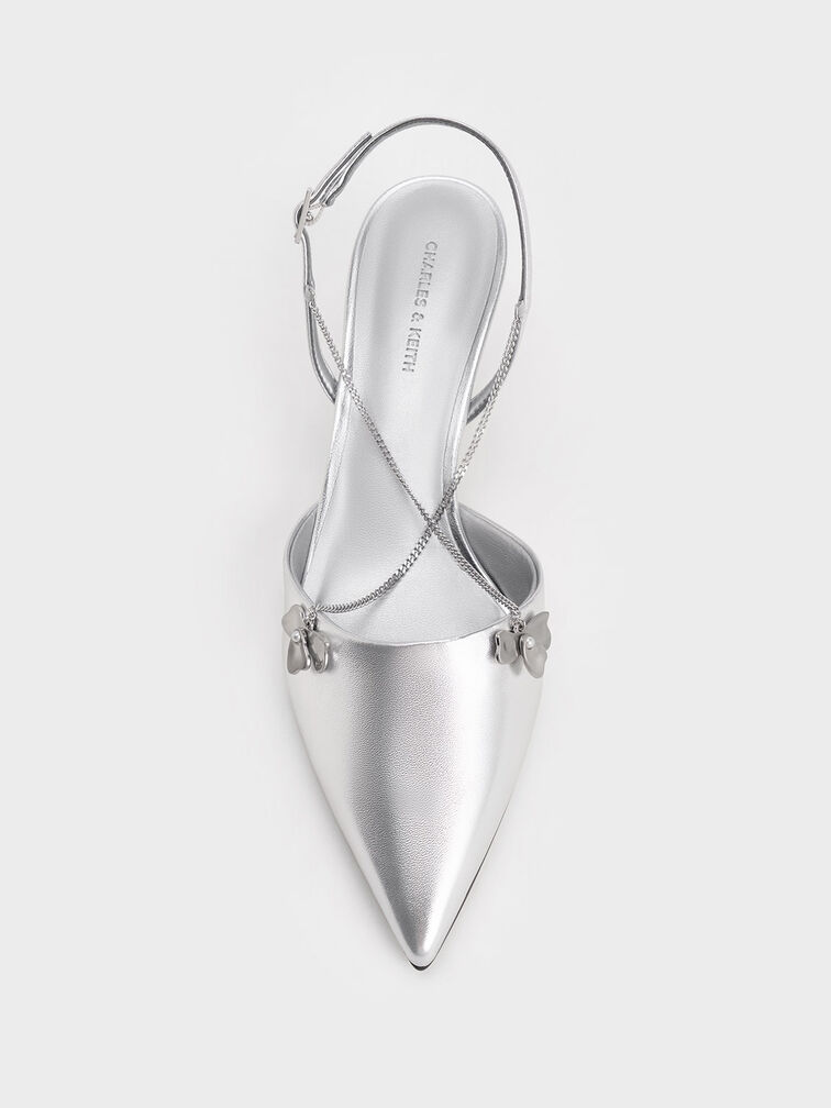 Silver Metallic Flower-Accent Chain-Link Kitten-Heel Pumps - CHARLES & KEITH SG