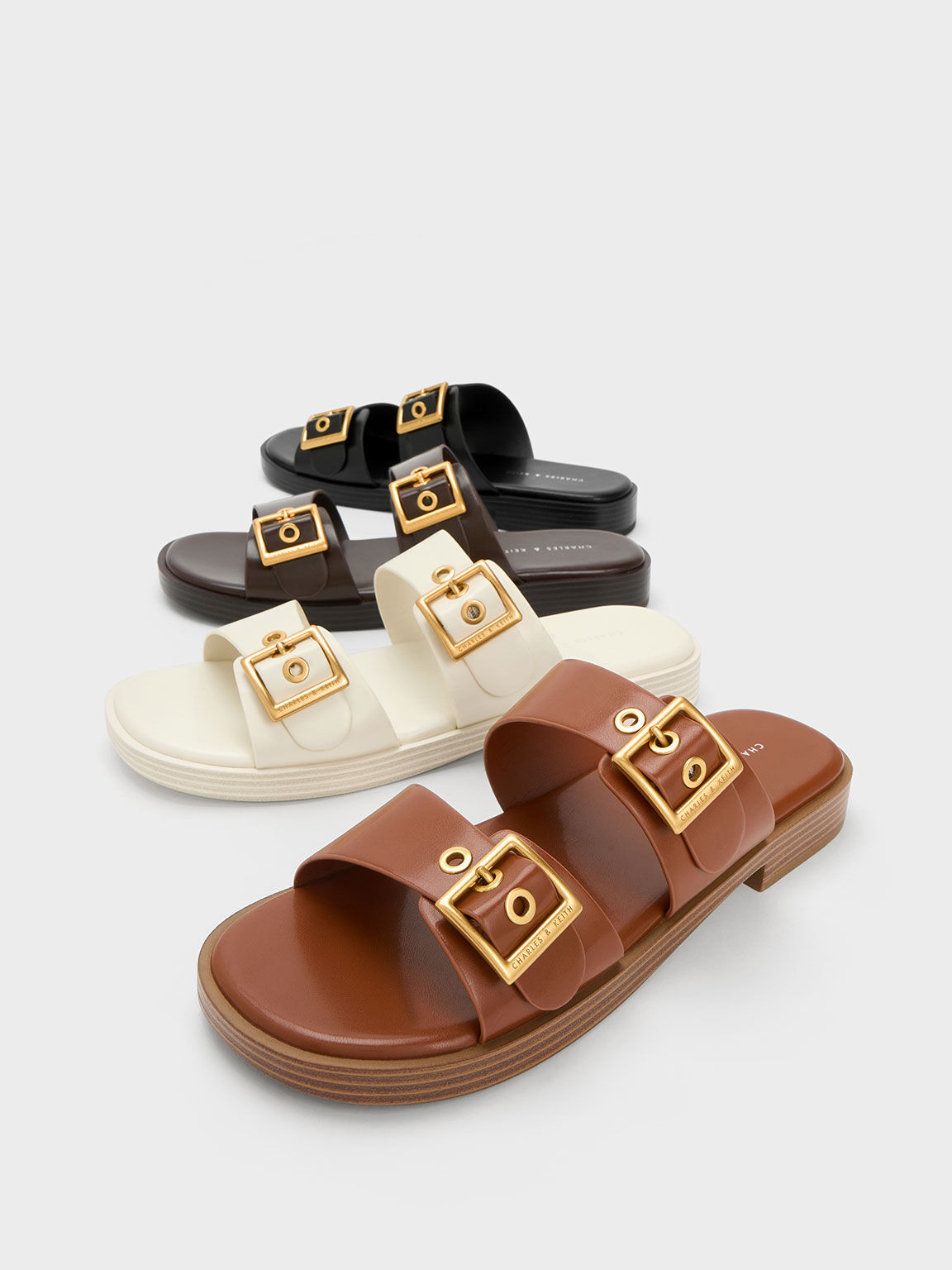 Cognac Buckled Double Strap Slide Sandals - CHARLES & KEITH MO