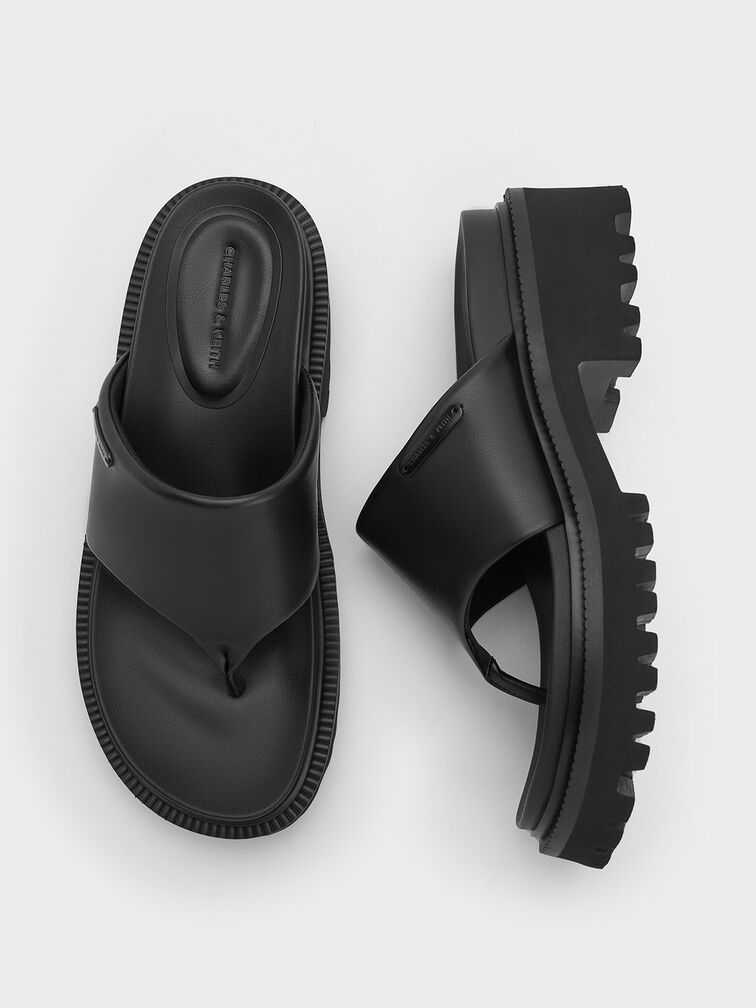 Black Padded Ridged-Sole Thong Sandals - CHARLES & KEITH CO