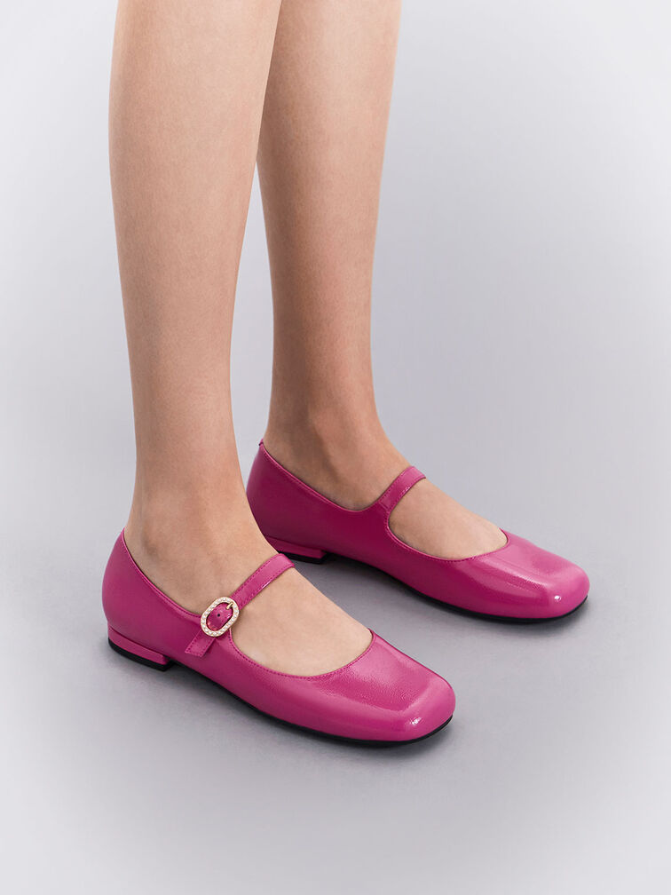 Fuchsia Patent Crinkle-Effect Pearl-Buckle Mary Janes - CHARLES & KEITH TW