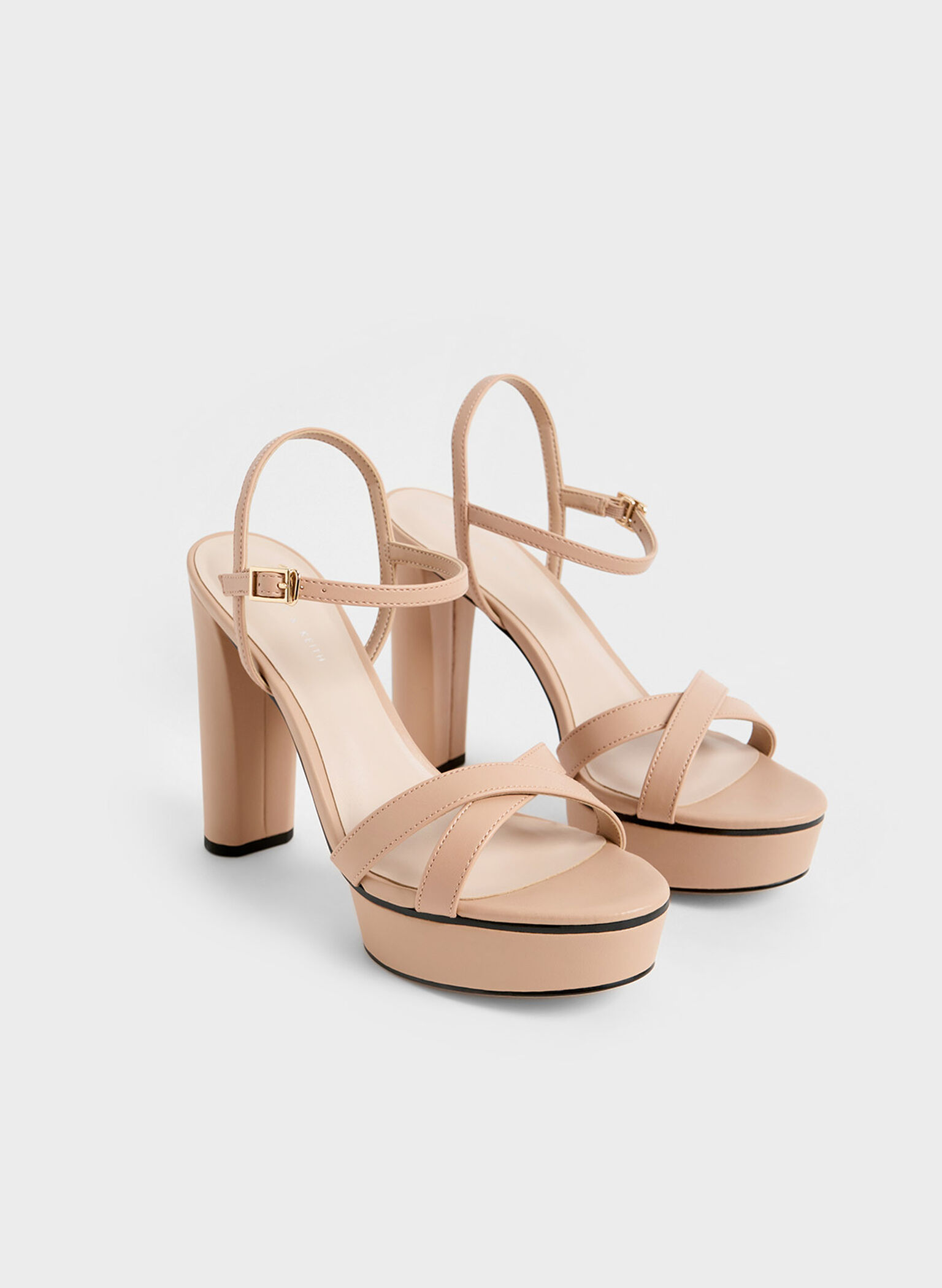 Nude Crossover Platform Heeled Sandals - CHARLES & KEITH AE