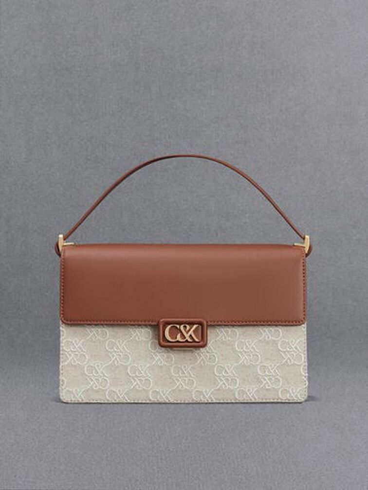 Cognac Leather & Canvas Two-Tone Shoulder Bag - CHARLES & KEITH CL