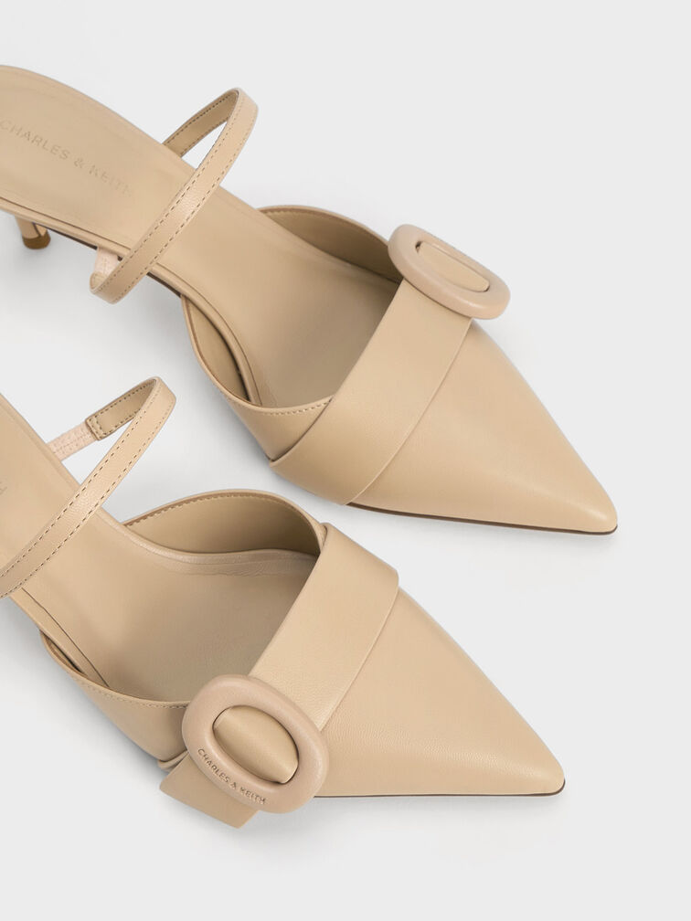 Beige Oval Buckle Pointed Toe Mules Charles And Keith Kh