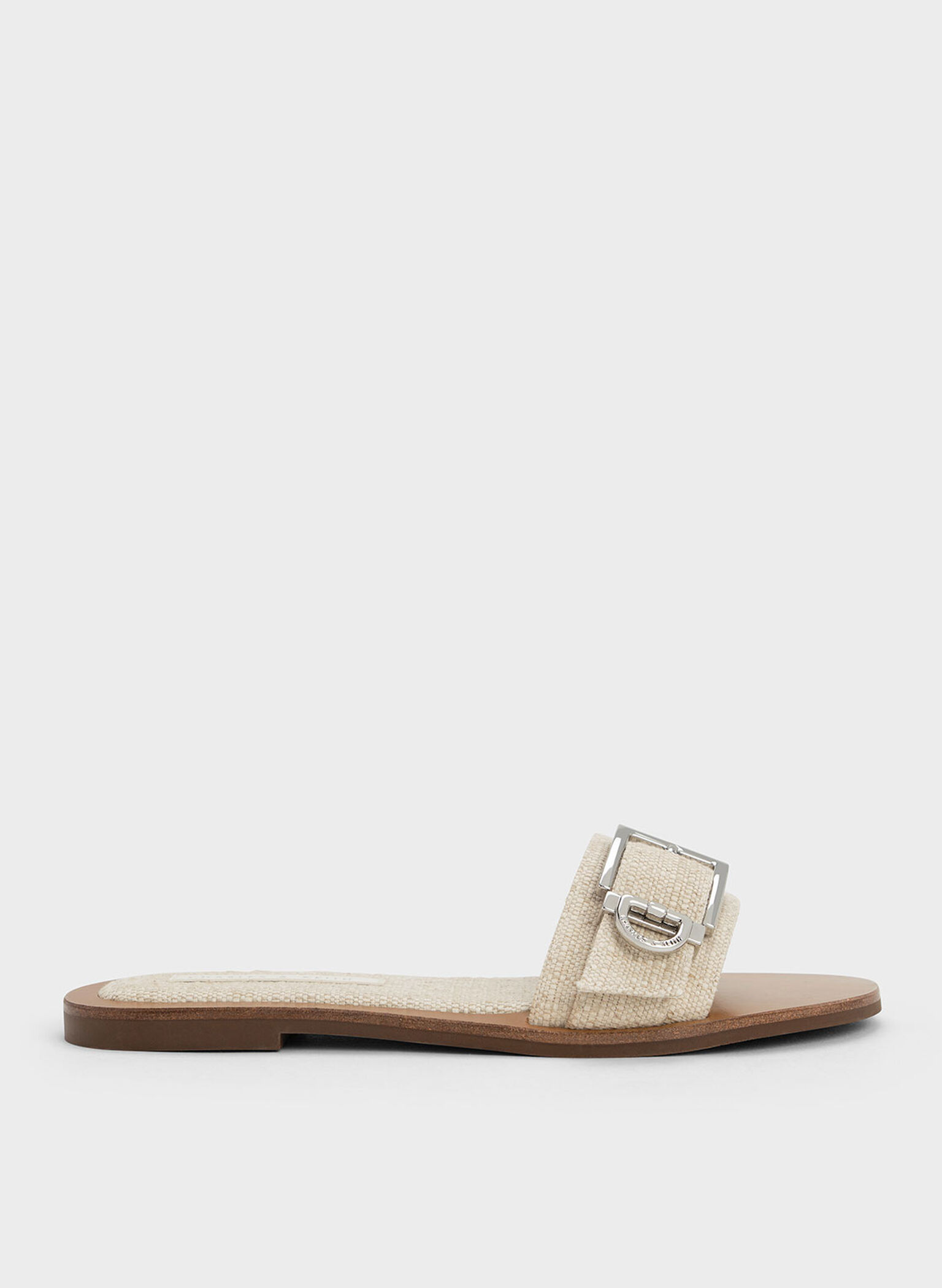 Beige Linen Metallic Buckle Slides - CHARLES & KEITH OM