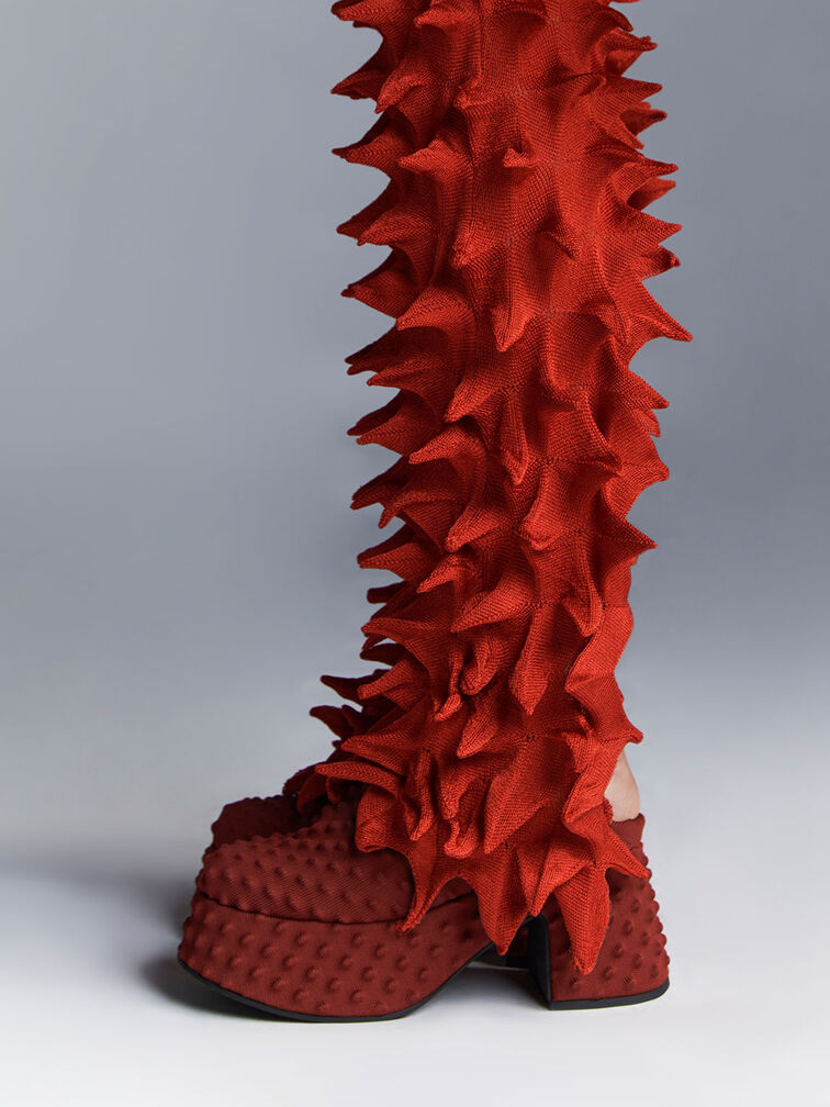 Red Spike Textured Platform Mules - CHARLES & KEITH KR