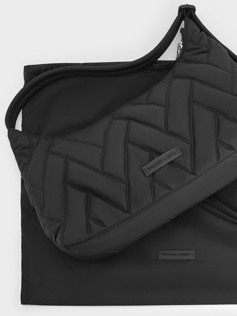 Jet Black Nylon Chevron Shoulder Bag - CHARLES & KEITH International
