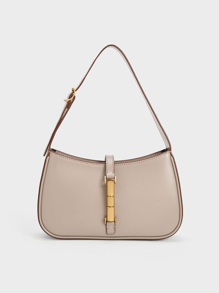 Taupe Cesia Metallic Accent Shoulder Bag - CHARLES & KEITH KH