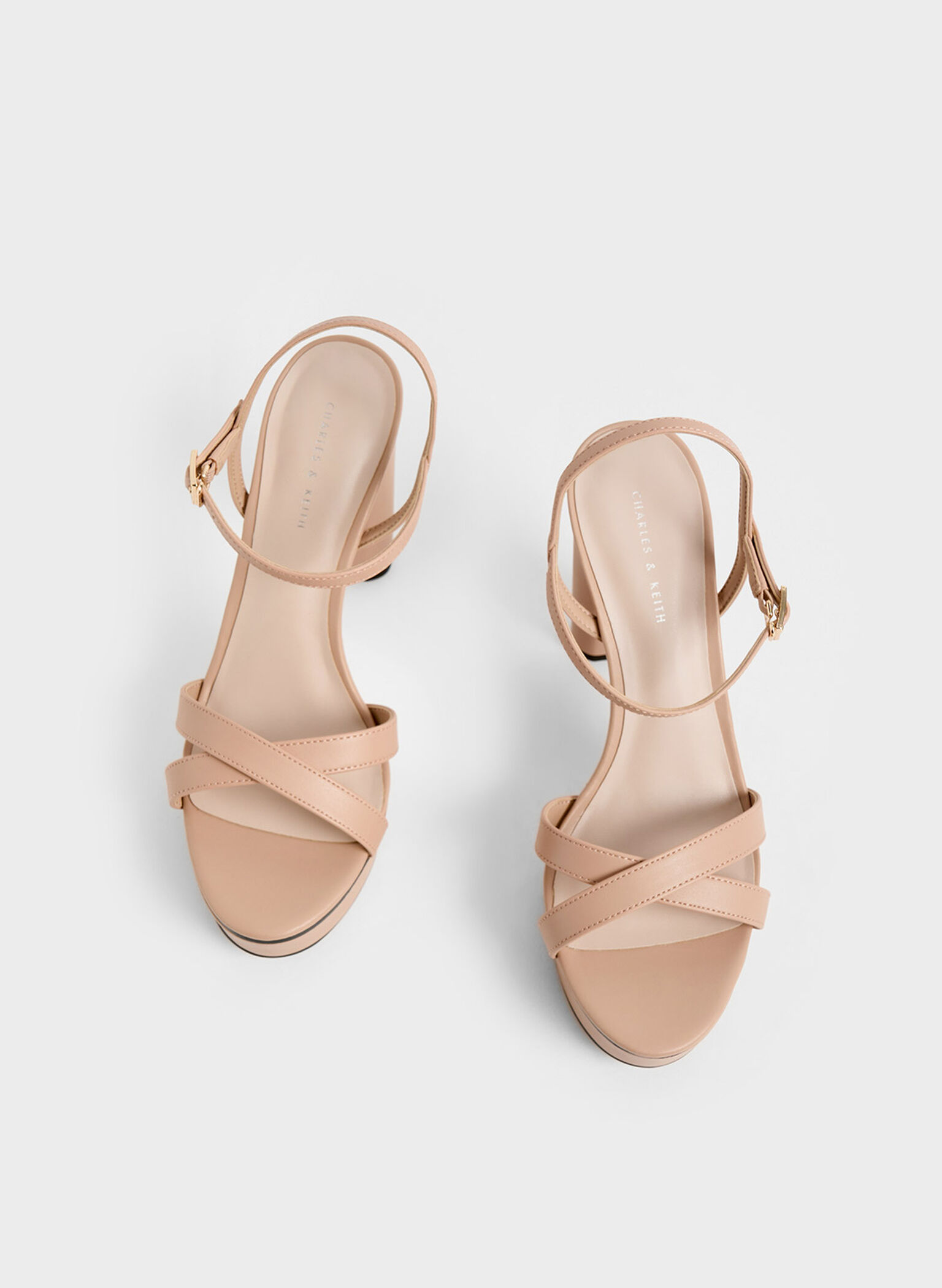 Nude Crossover Platform Heeled Sandals - CHARLES & KEITH AE