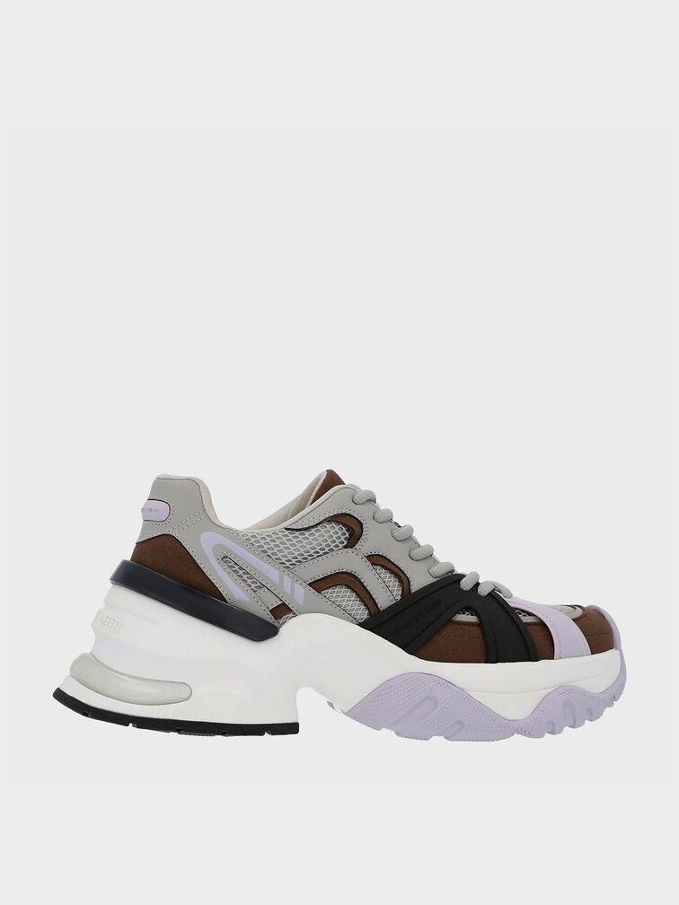 Brown Mesh Contrast-Trim Chunky Sneakers - CHARLES & KEITH AU