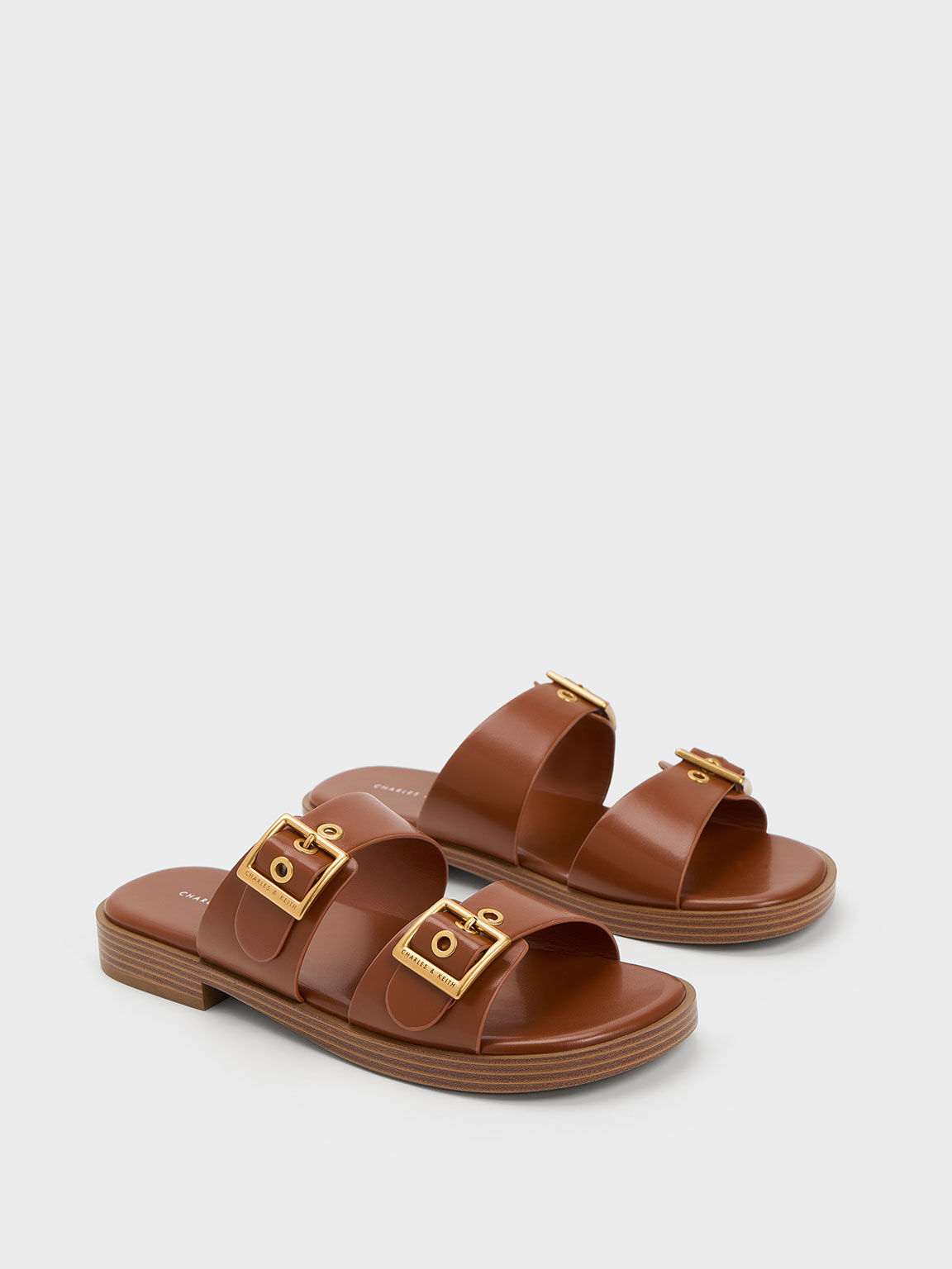 Cognac Buckled Double Strap Slide Sandals Charles And Keith Mo