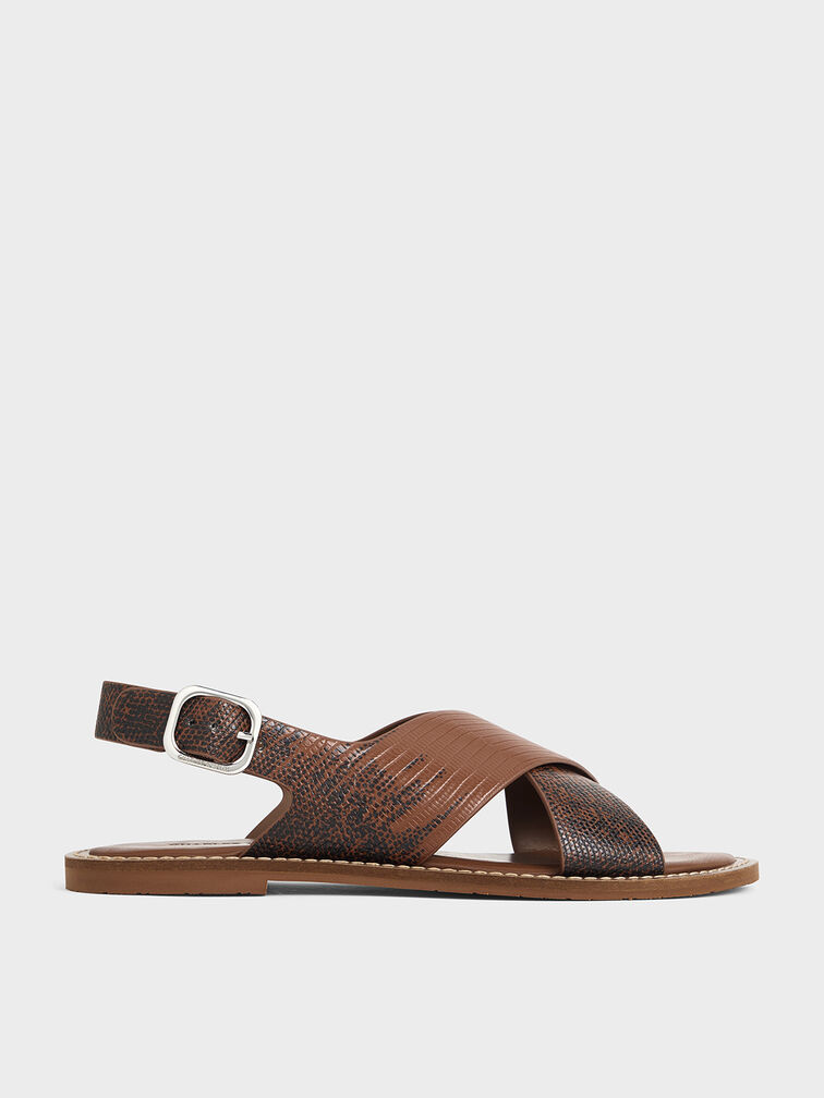 Animal Print Brown Crossover-Strap Slingback Sandals - CHARLES & KEITH TW
