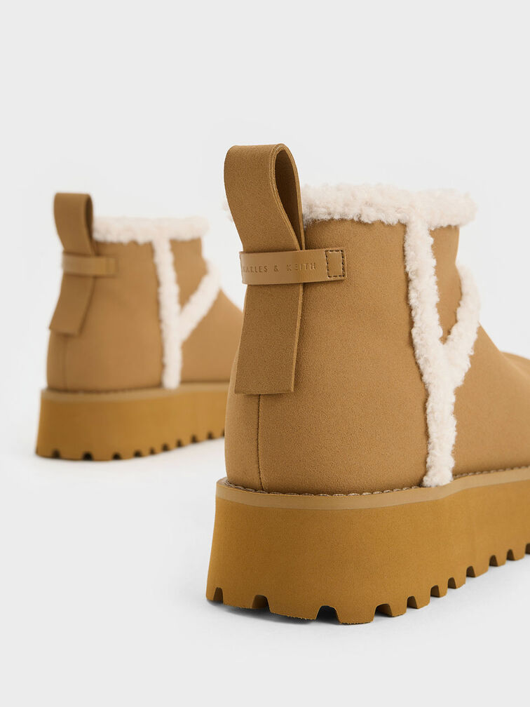 Khaki Textured Fur Trim Flatform Ankle Boots Charles And Keith Ae