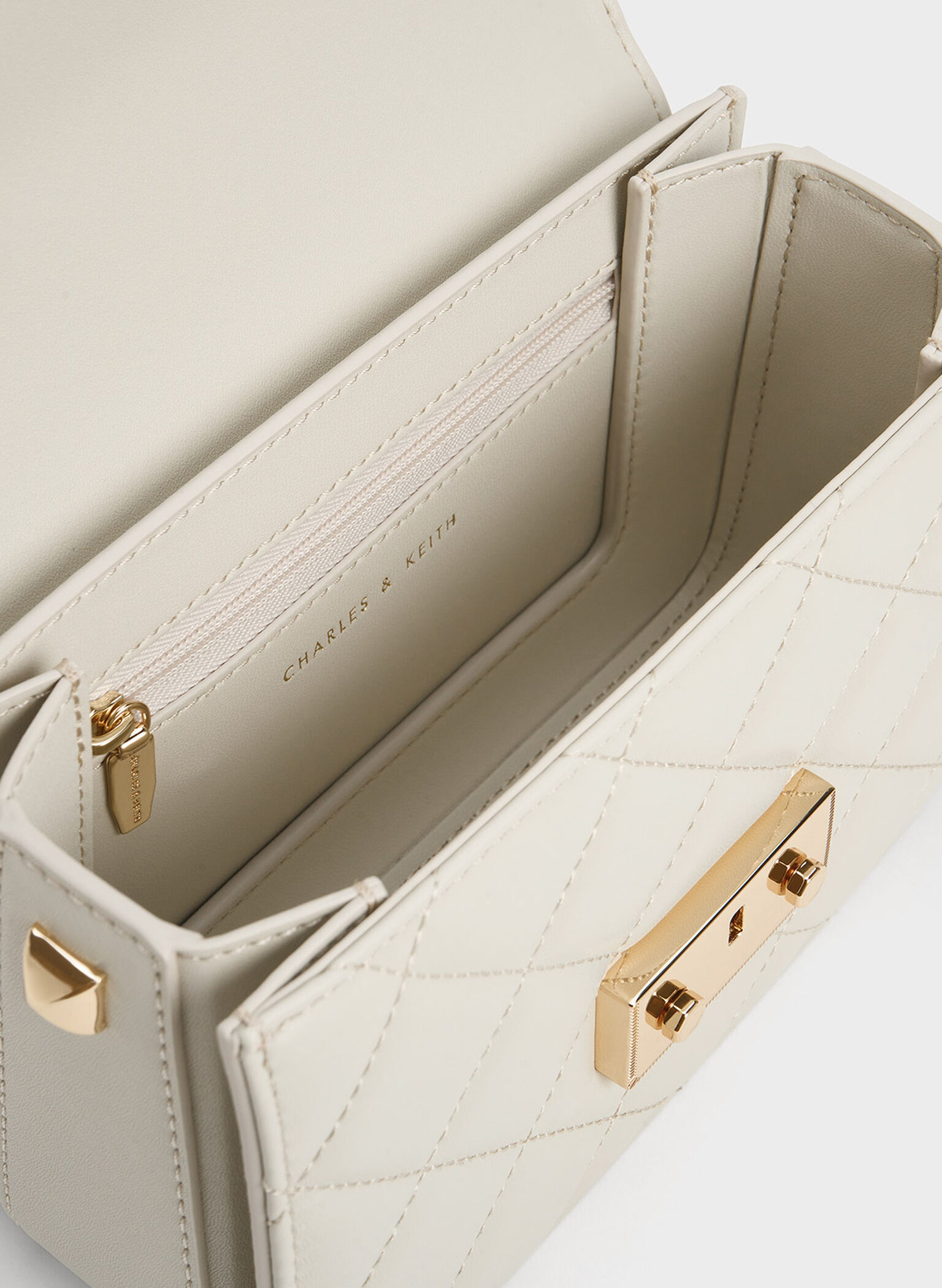 Ivory Quilted Push-Lock Chain-Handle Bag - CHARLES & KEITH UY