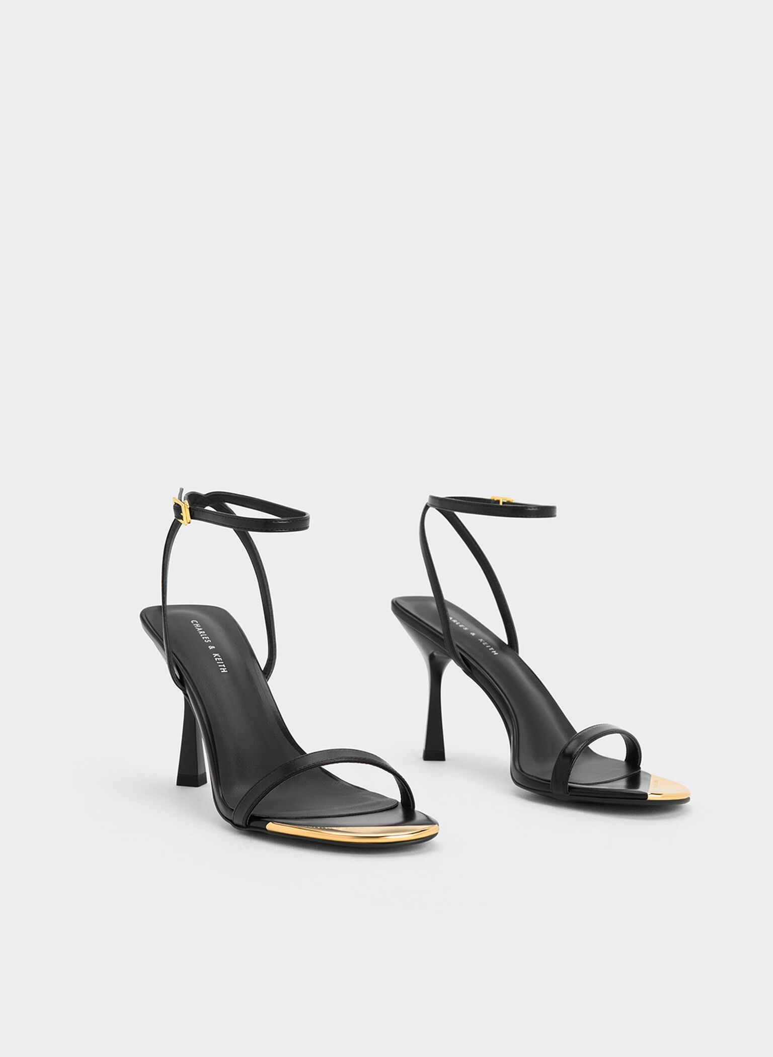 Black Metallic Cap Ankle Strap Heeled Sandals Charles And Keith Tw
