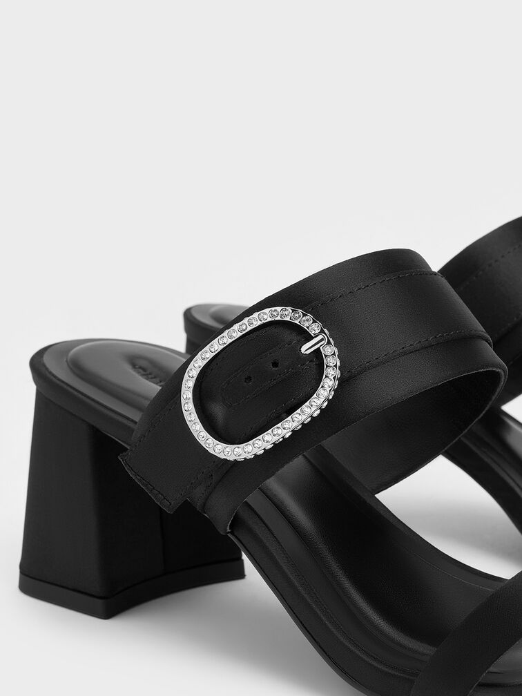 Black Recycled Polyester Crystal-Buckle Block-Heel Mules - CHARLES ...