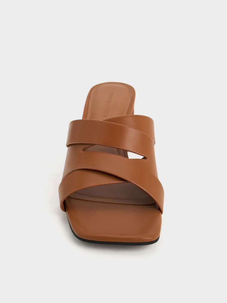 Cognac Crossover-Strap Square-Toe Block-Heel Mules - CHARLES & KEITH MY
