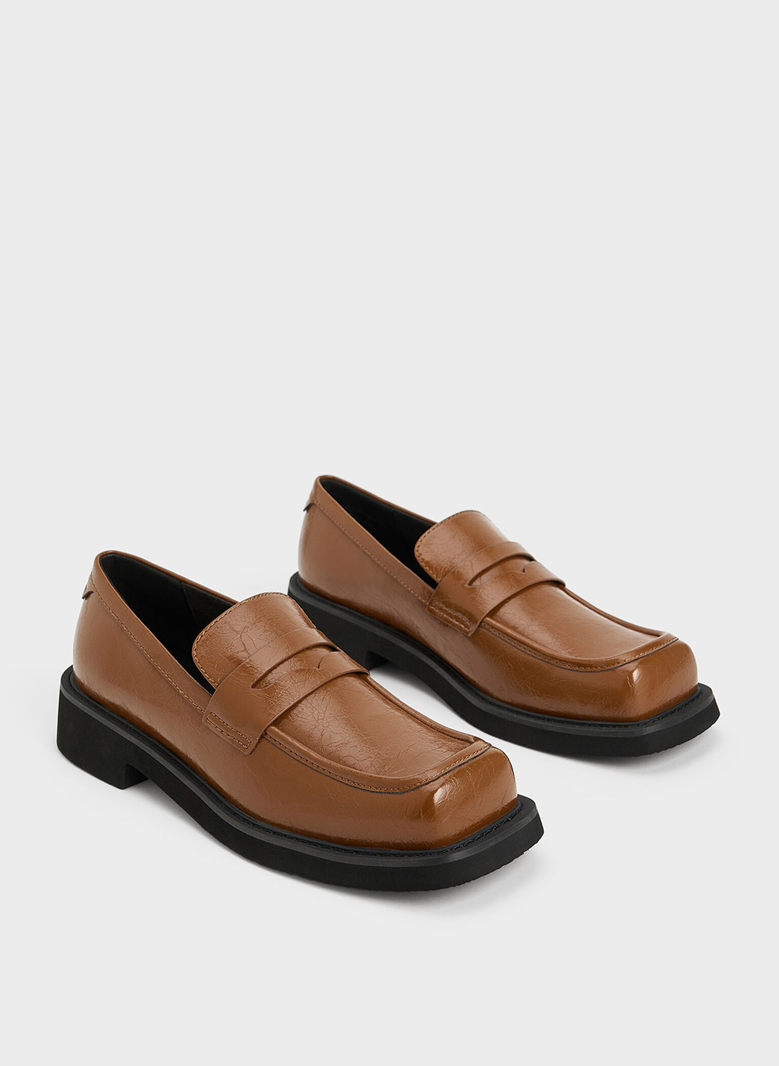 Brown Monique Crinkle-Effect Square-Toe Loafers - CHARLES & KEITH BD