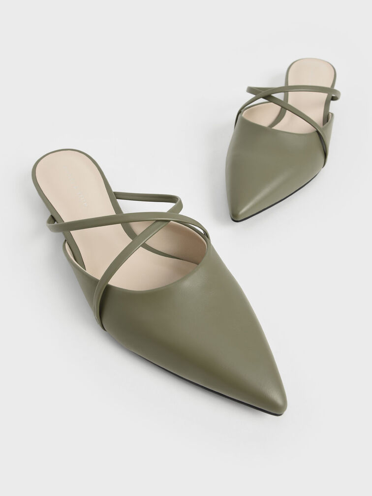 Olive Pointed Toe Cross Strap Mules - CHARLES & KEITH International