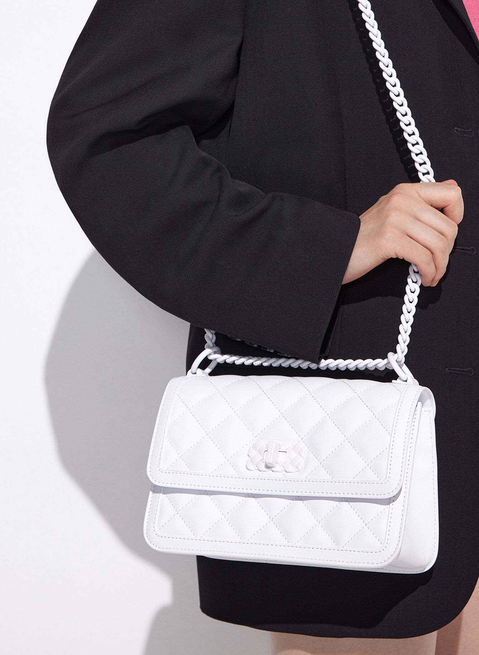 White Micaela Quilted Chain Bag - CHARLES & KEITH CL