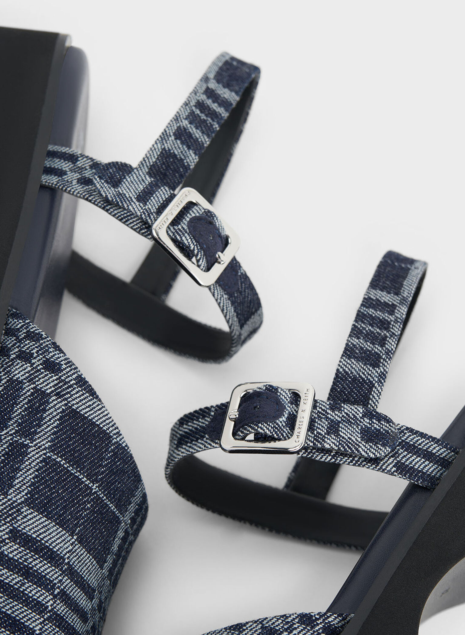 Dark Blue Girls' Denim Plaid Ankle-Strap Flats - CHARLES & KEITH CL