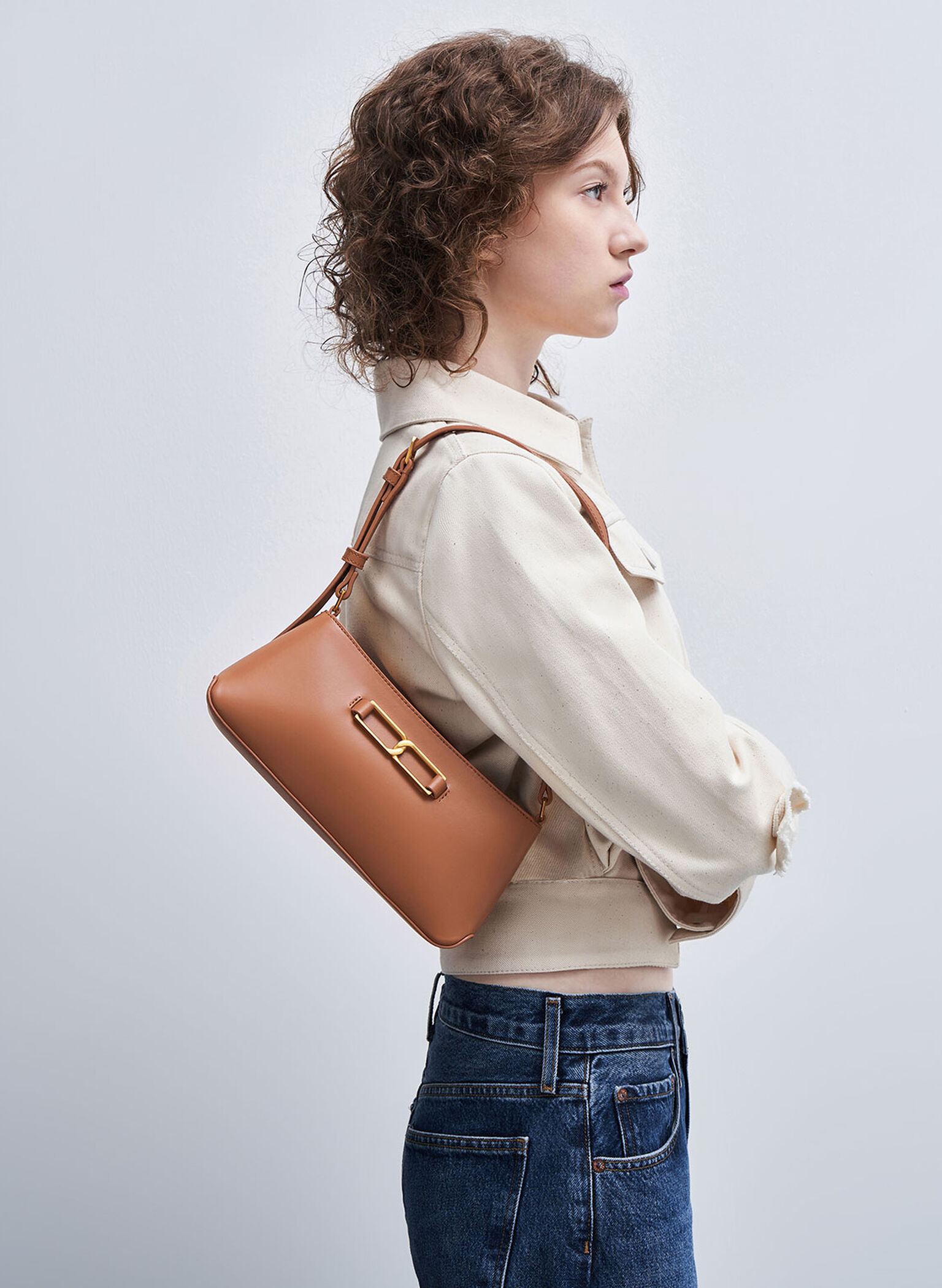 Cognac Gabine Leather Trapeze Shoulder Bag - CHARLES & KEITH AW