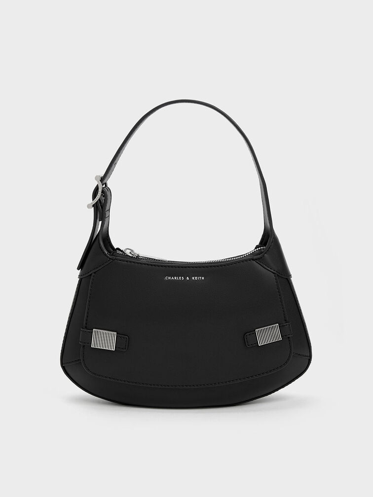Black Metallic-Accent Curved Shoulder Bag - CHARLES & KEITH IL
