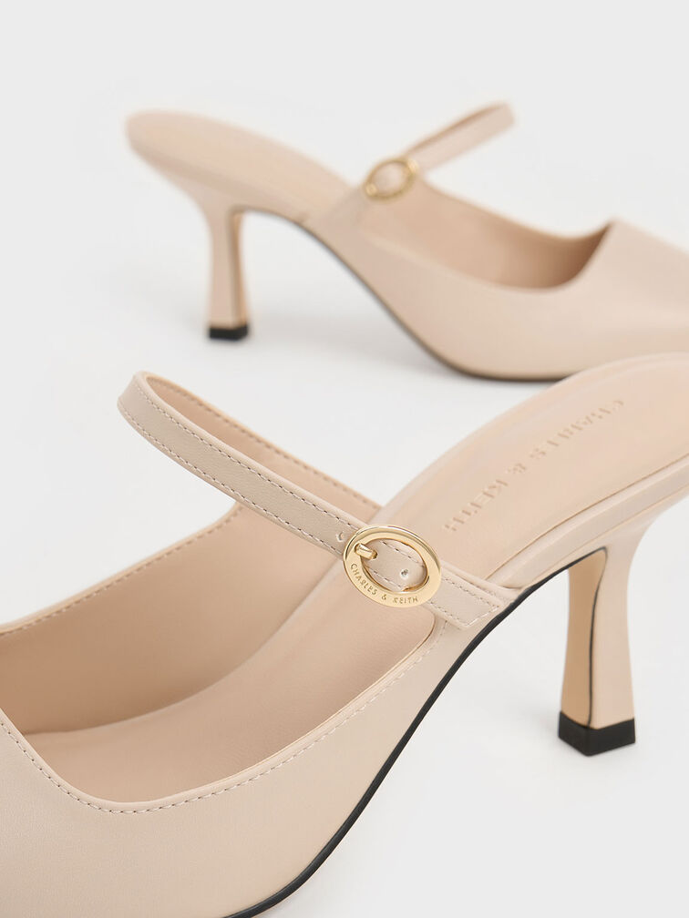 圓釦尖頭細跟穆勒鞋 - 膚色 | 鞋款 - CHARLES & KEITH HK