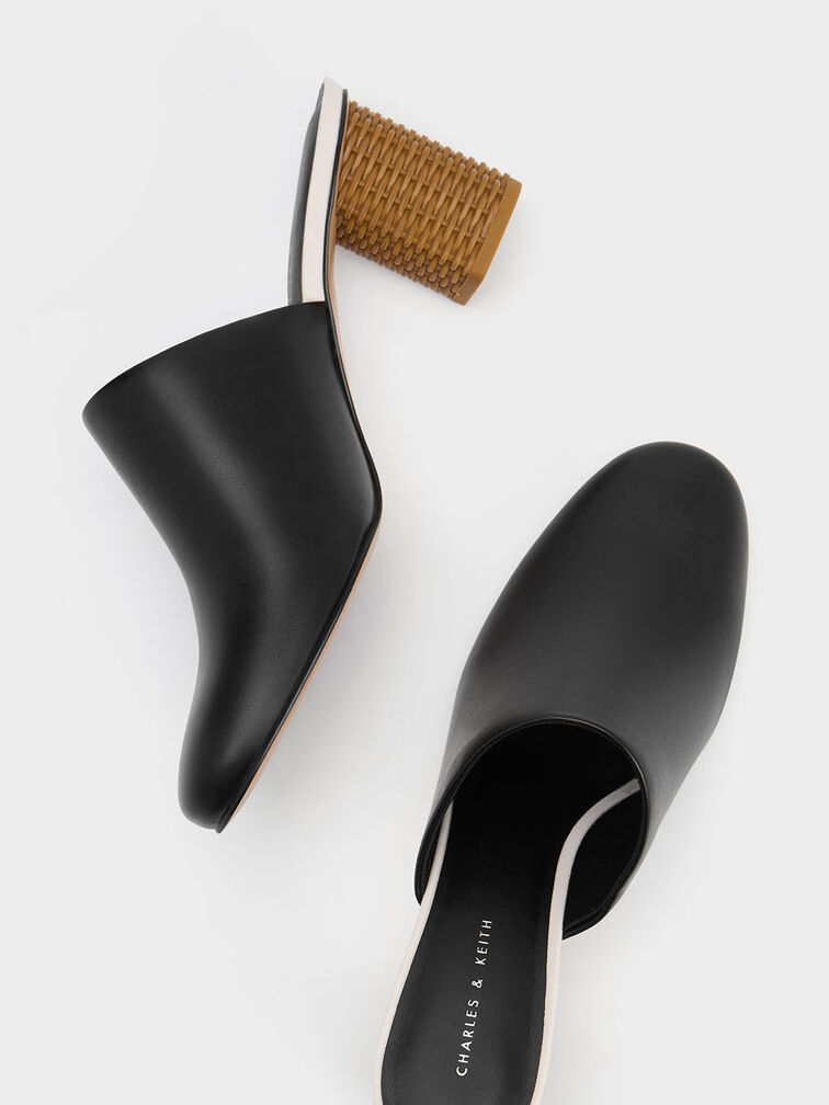 Black Rattan Block Heel Mules Charles And Keith Qa