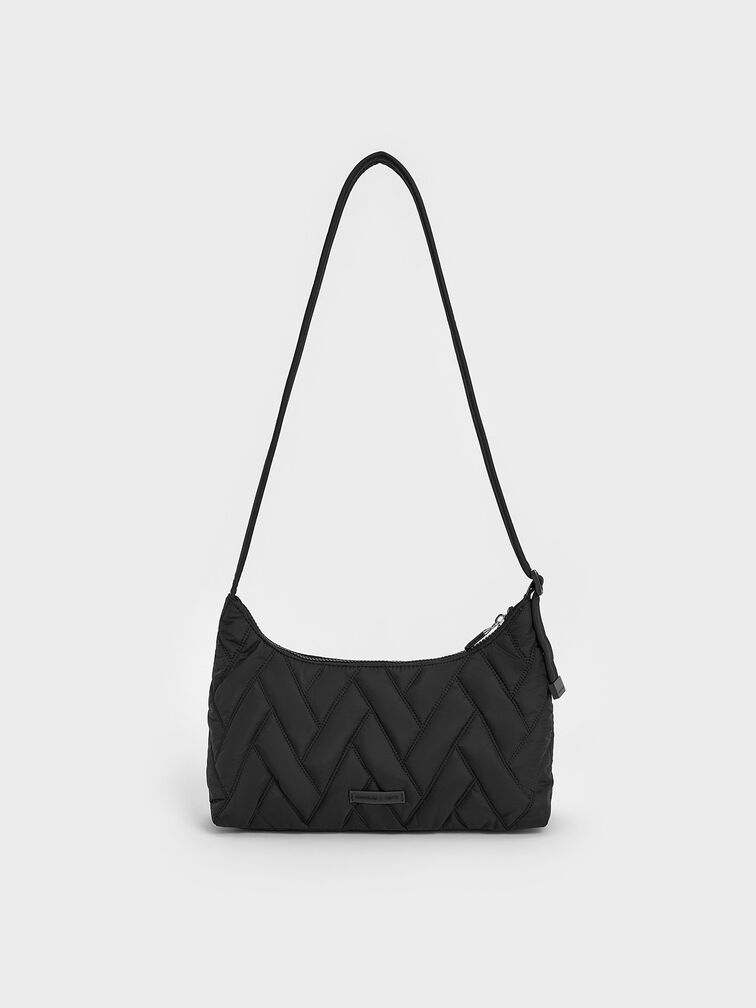 Jet Black Nylon Chevron Shoulder Bag - CHARLES & KEITH International