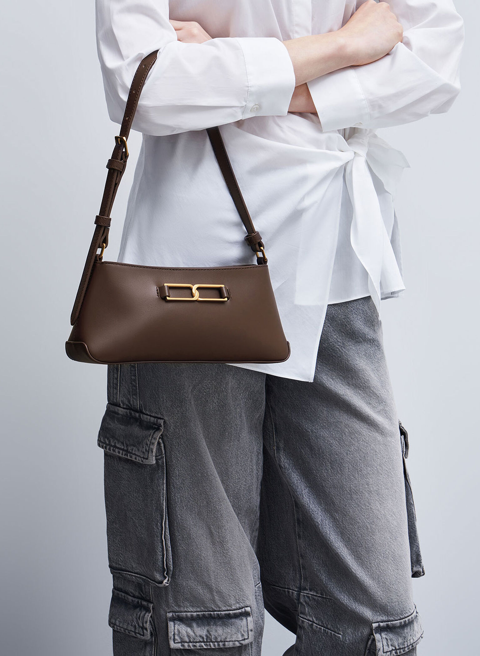Dark Brown Gabine Leather Trapeze Shoulder Bag - CHARLES & KEITH UY