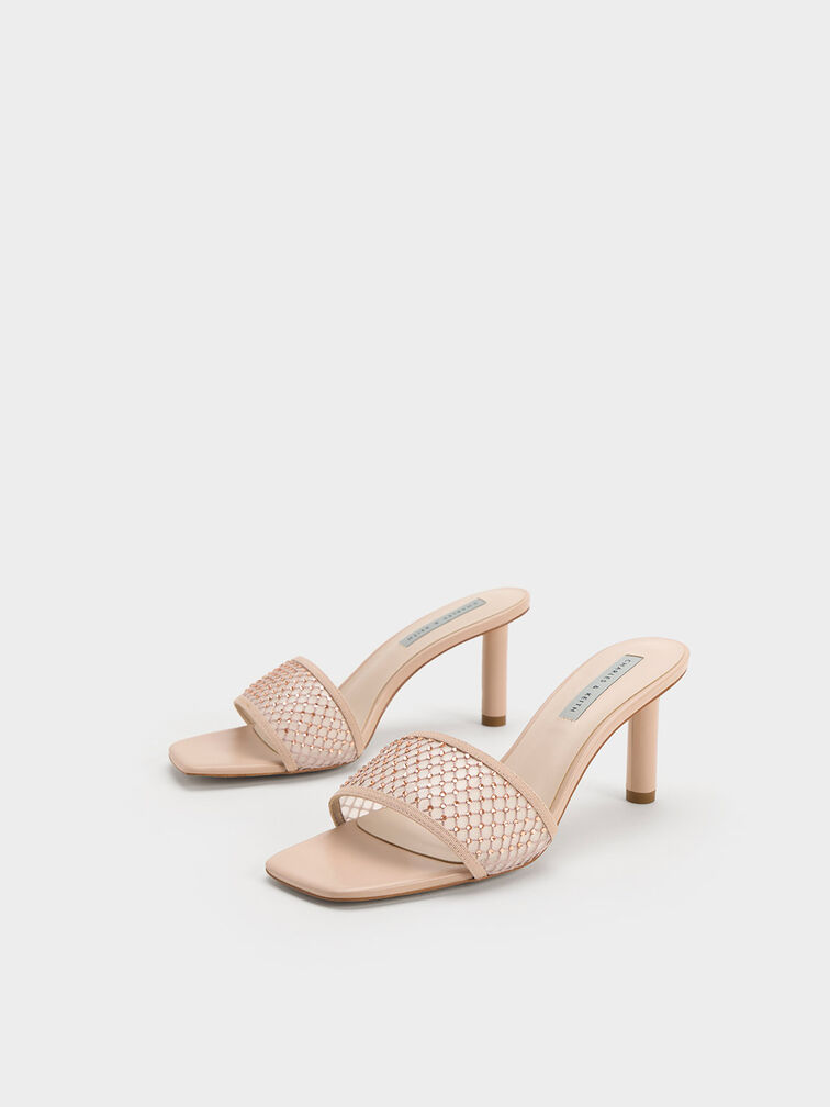 Nude Gem Encrusted Cylindrical Heel Mesh Sandals Charles And Keith Qa