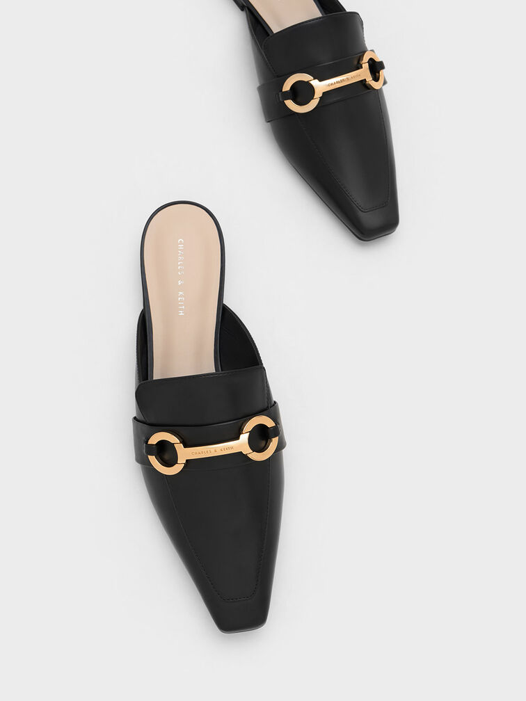 Black Metallic Accent Tapered Flat Mules Charles And Keith Qa