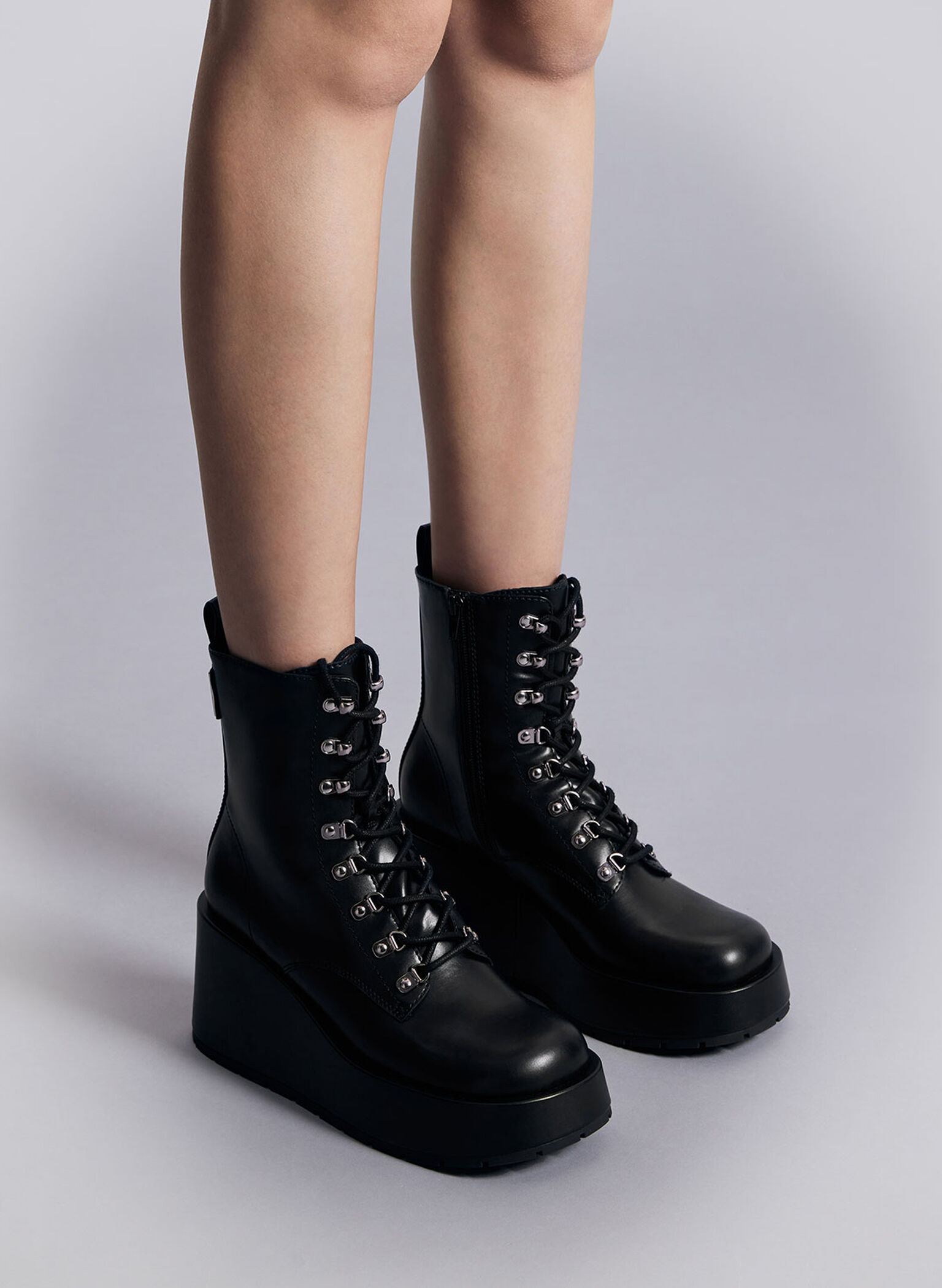 Black Lace-Up Platform Wedge Ankle Boots - CHARLES & KEITH KW
