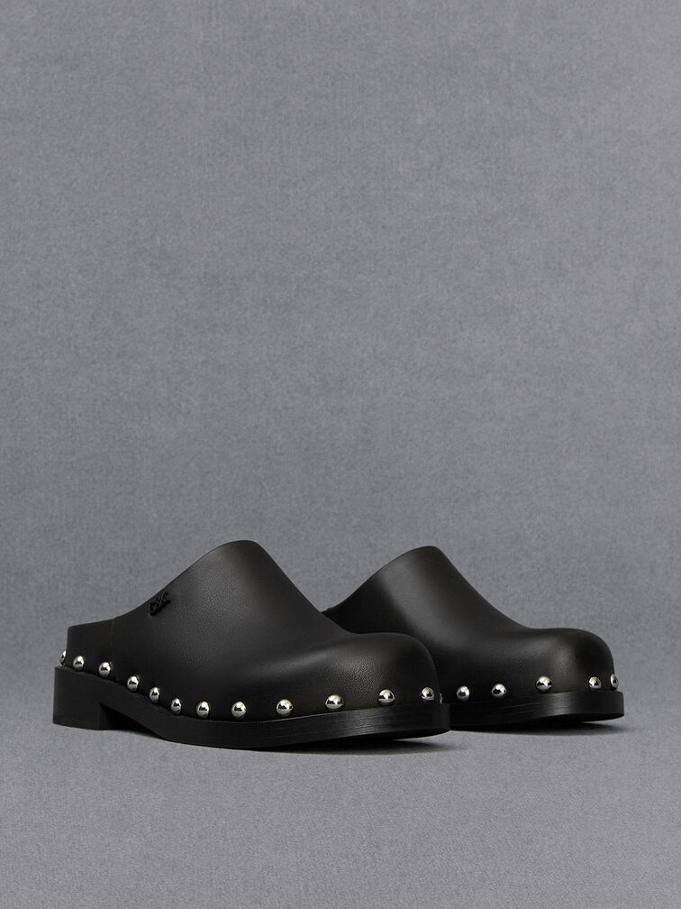 Black Leather Studded Clogs - CHARLES & KEITH MO