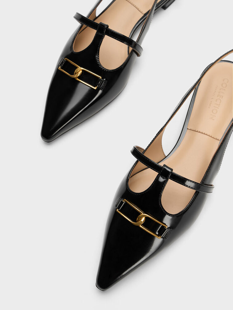 Black Boxed Gabine Leather T-Bar Slingback Flats - CHARLES & KEITH AE