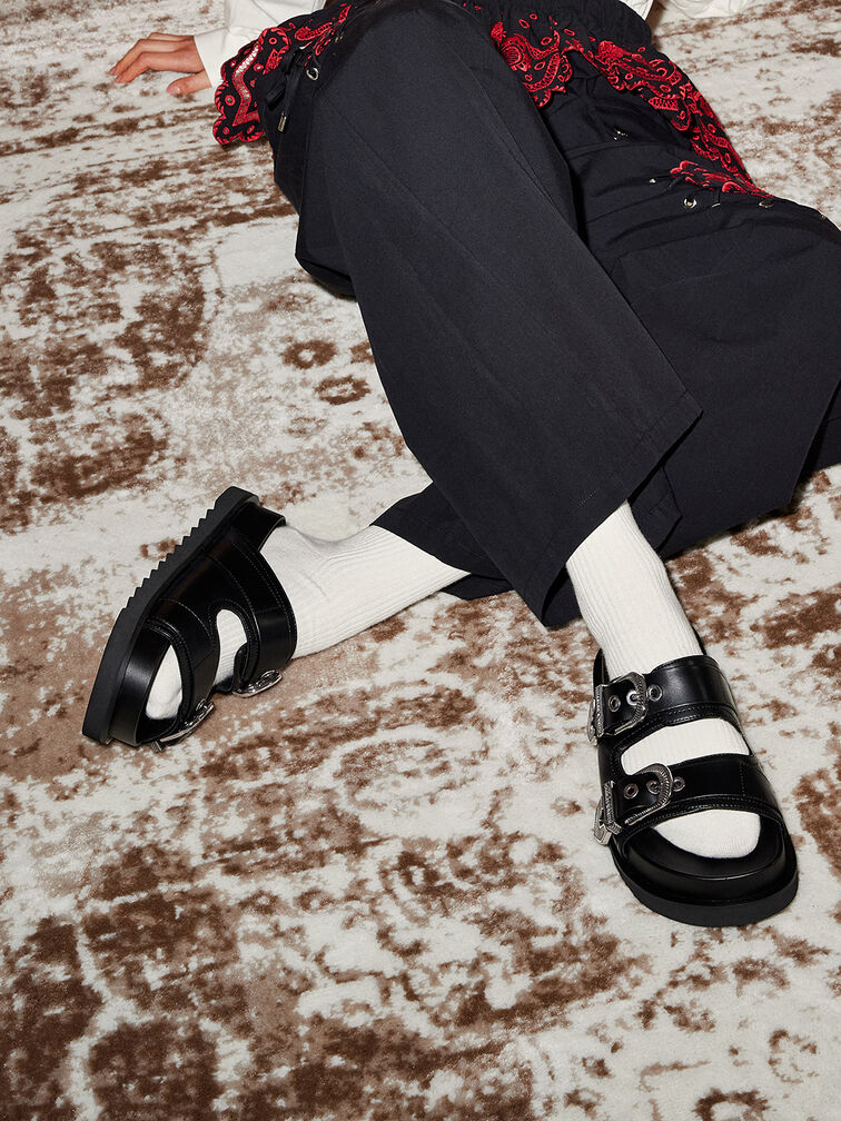 Black Kirke Buckled Double-Strap Sandals - CHARLES & KEITH LK