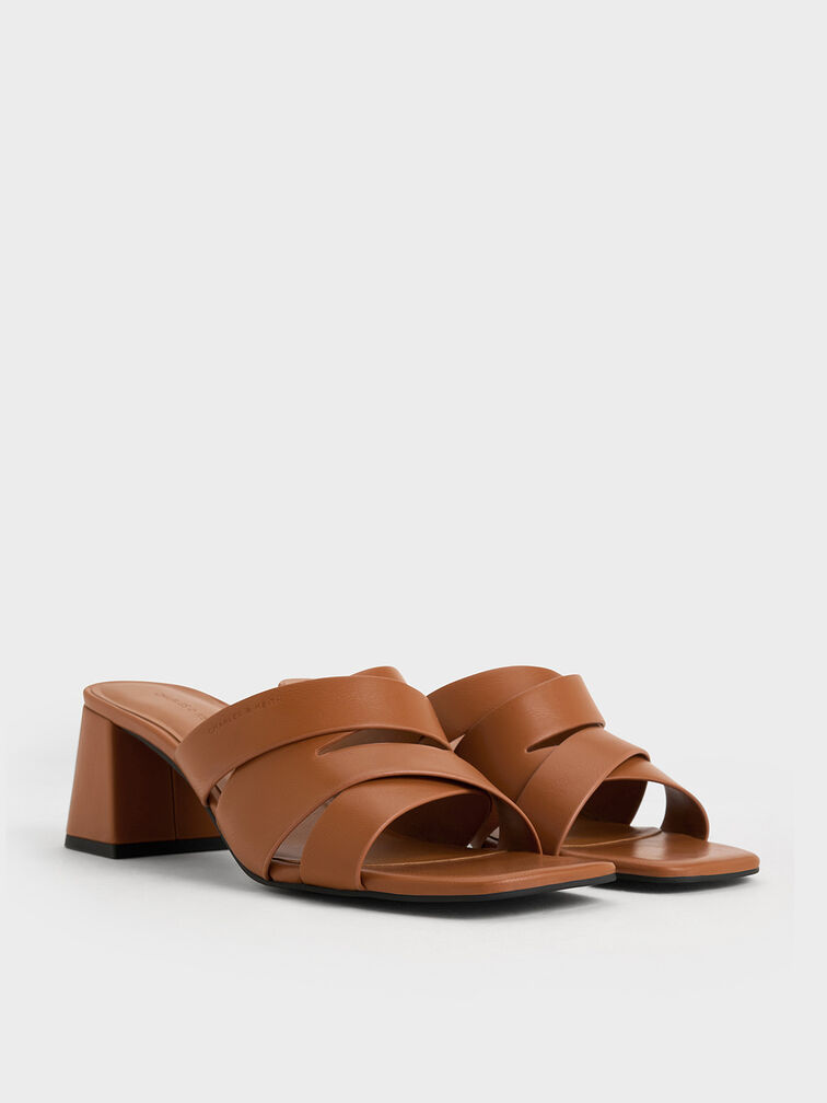 Cognac Crossover Strap Square Toe Block Heel Mules Charles And Keith Us