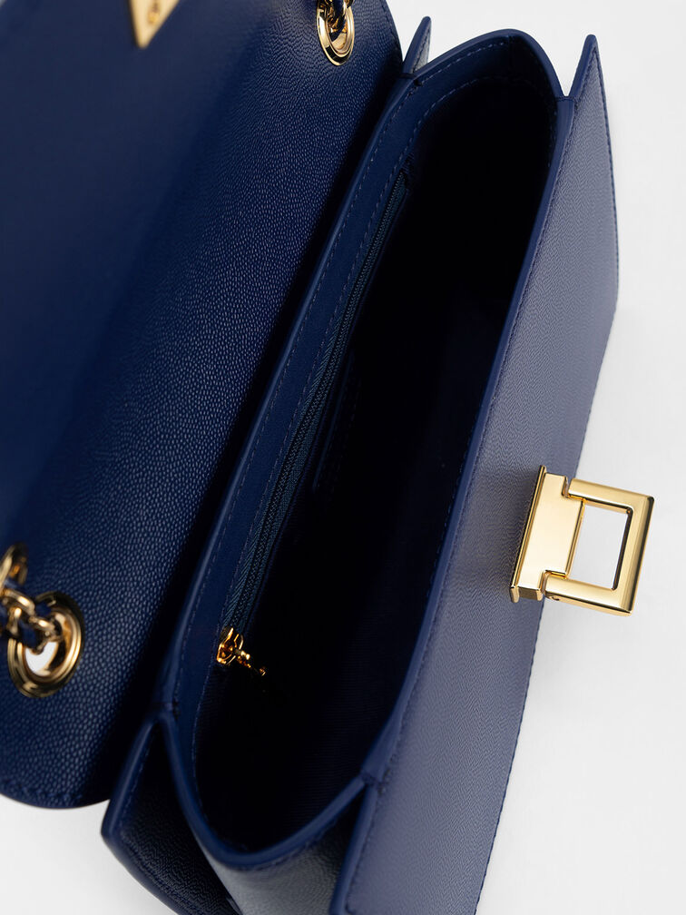 Navy Metallic Accent Front Flap Bag Charles And Keith Om