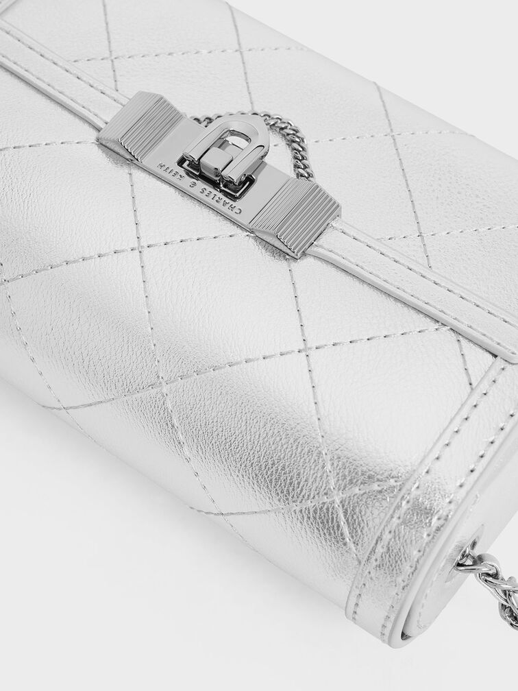 Silver Tallulah Quilted Metallic Push-Lock Clutch - CHARLES & KEITH BH