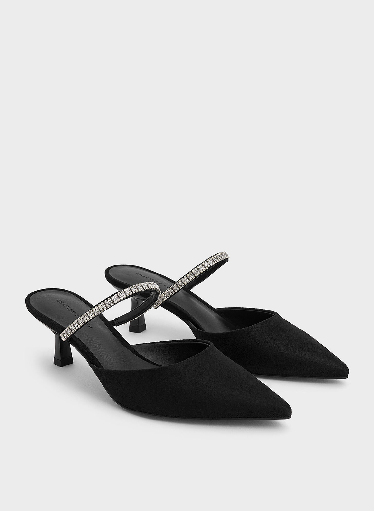 Black Ambrosia Textured Gem Embellished Pointed Toe Mules Charles