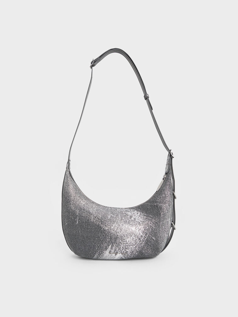 Silver Bryna Denim Curved Hobo Bag - CHARLES & KEITH International