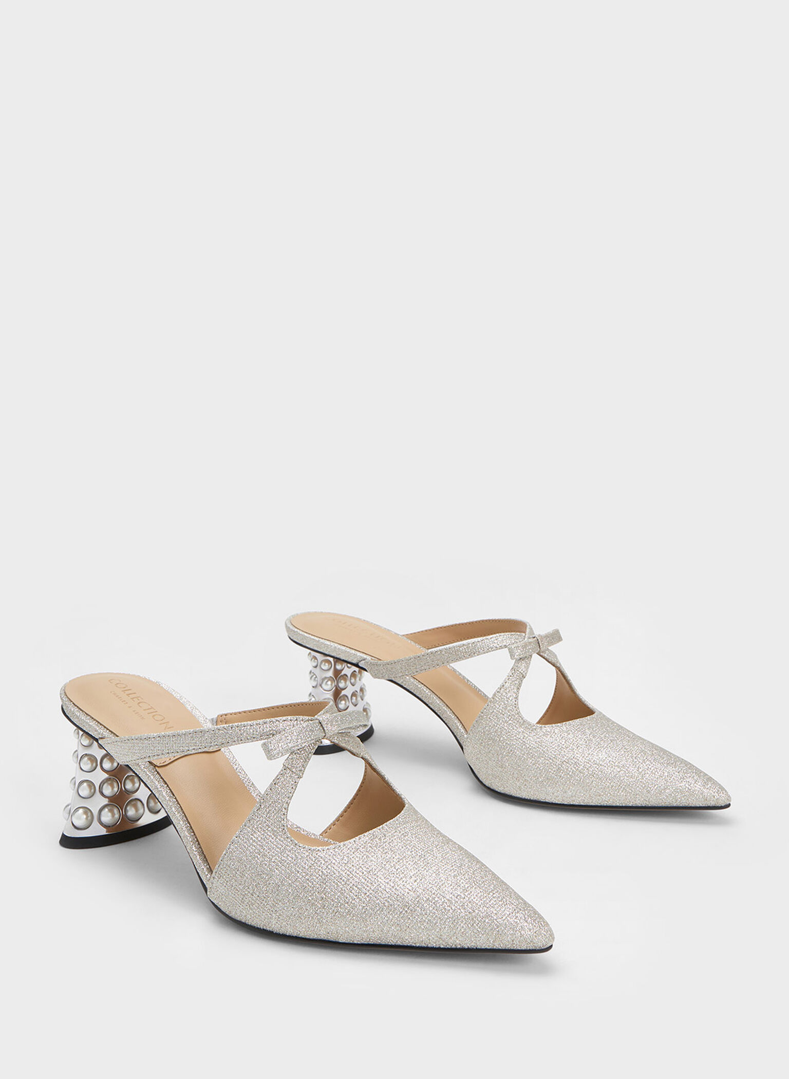 Silver Jacinda Beaded Heel Glittered Bow Mules - CHARLES & KEITH TW