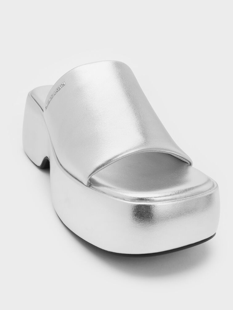 Silver Metallic Square-Toe Platform Wedges - CHARLES & KEITH IL