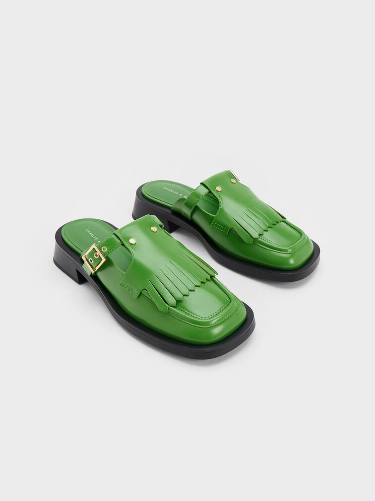 Green Studded Cut-Out Fringe Mules - CHARLES & KEITH MO